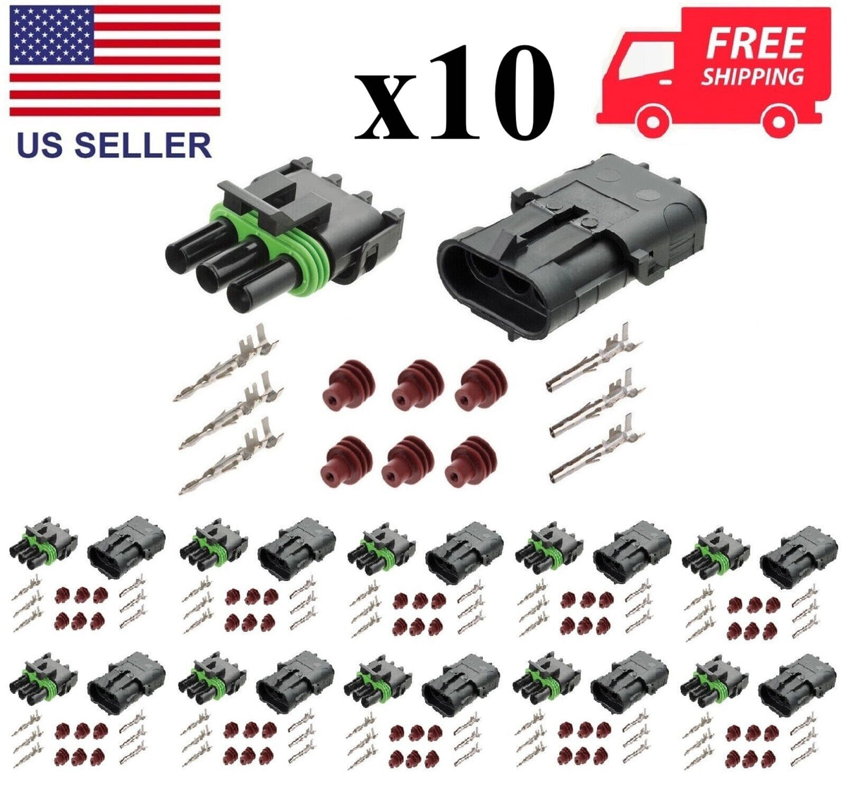 NOVOPARTS Weather Pack 3 Pin Sealed Connector Kit 14-16 AWG 10 Complet ...
