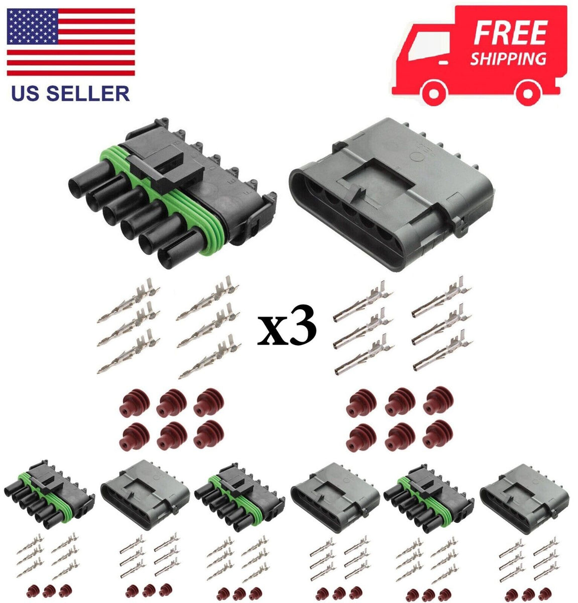 Weather Pack 6 Pin Sealed Connector Kit 14-16 AWG 3 Complete Kits ...